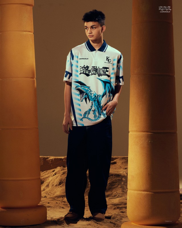 CARNIVAL X YUGIOH BLUE-EYES WHITE DRAGON FOOTBALL JERSEY BLUE GREY