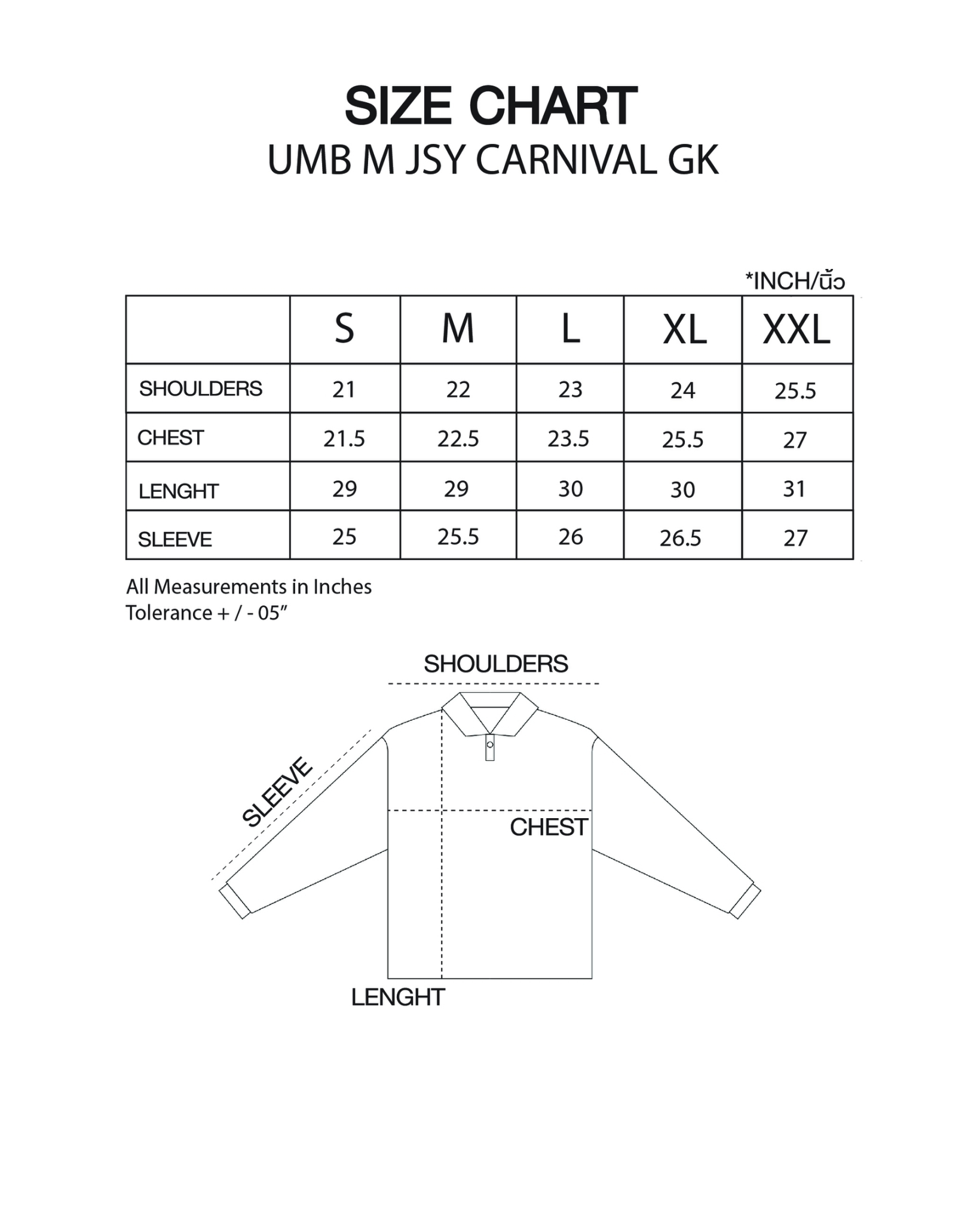 UMBRO x CARNIVAL® “FIELD LEGACY” Collection | SIZE CHART