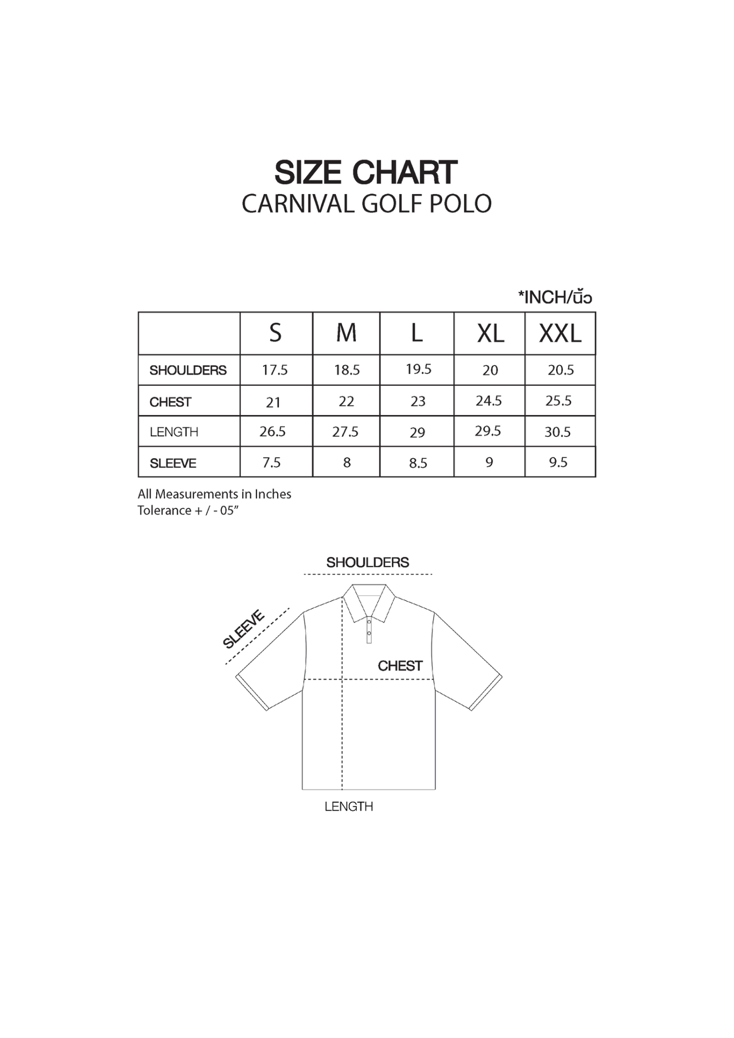 CARNIVAL GOLF CAPSULE COLLECTION | SIZE CHART